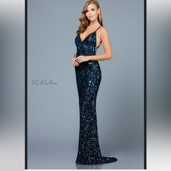 Scala | Dresses | Scala Prom Dress Nwt Sapphire Sequin Beaded Gown | Poshmark